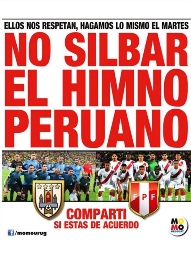 Rumbo al Mundial 2018 | Uruguayos piden no pitar el himno de Perú en el ...